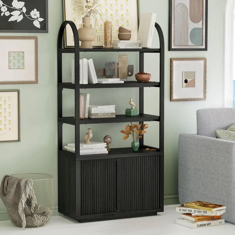 Fluted 3-Shelf Bookcase with Storage Cabinet by Drew Barrymore, Warm H ...