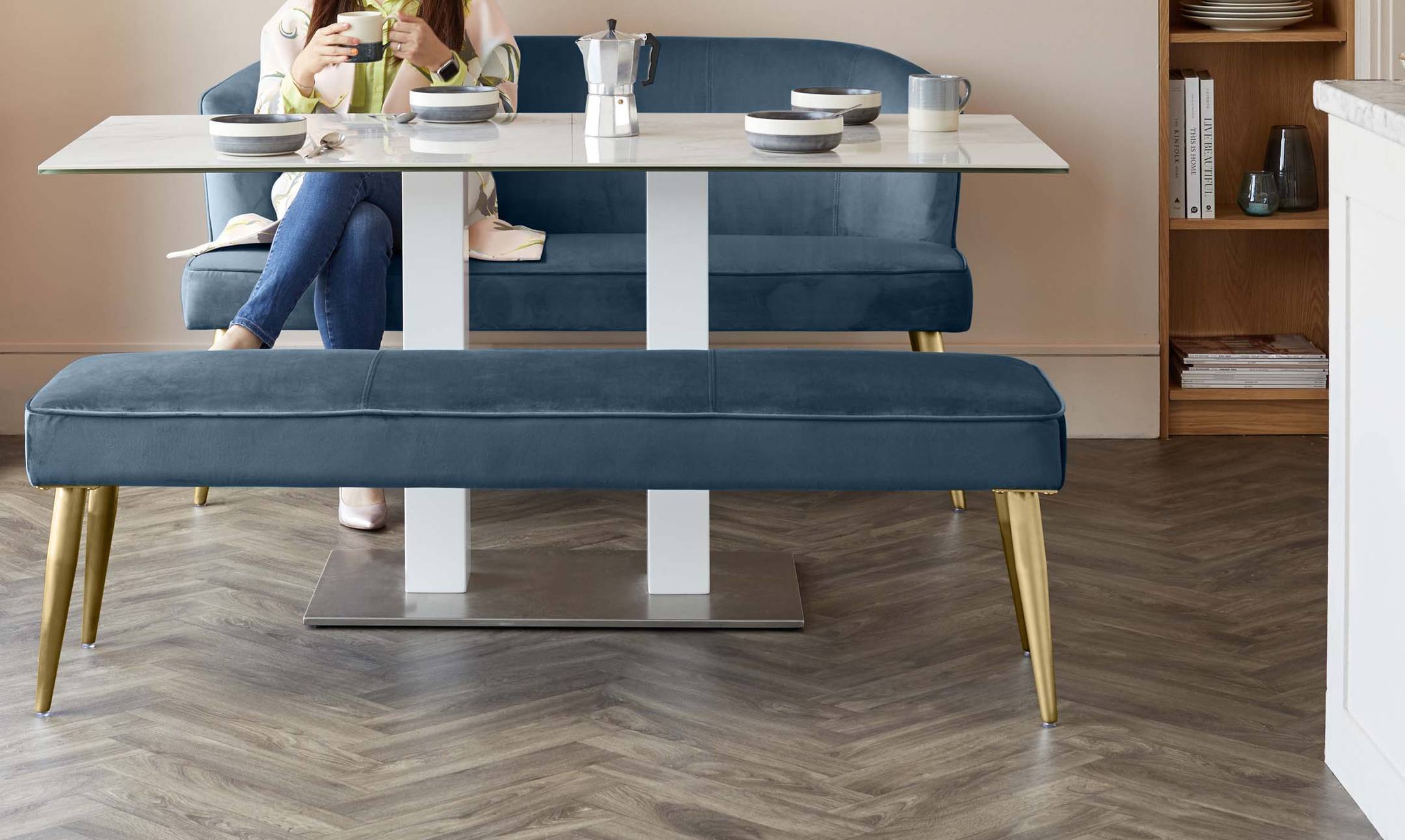 Mellow 3 Seater Velvet & Brass Dining Bench Without Backrest | Danetti