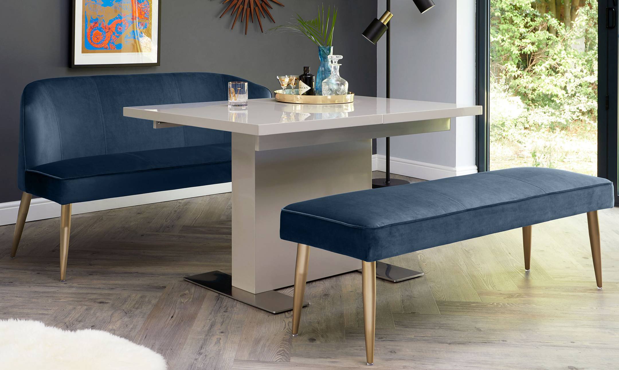 Mellow 3 Seater Velvet & Brass Dining Bench Without Backrest | Danetti