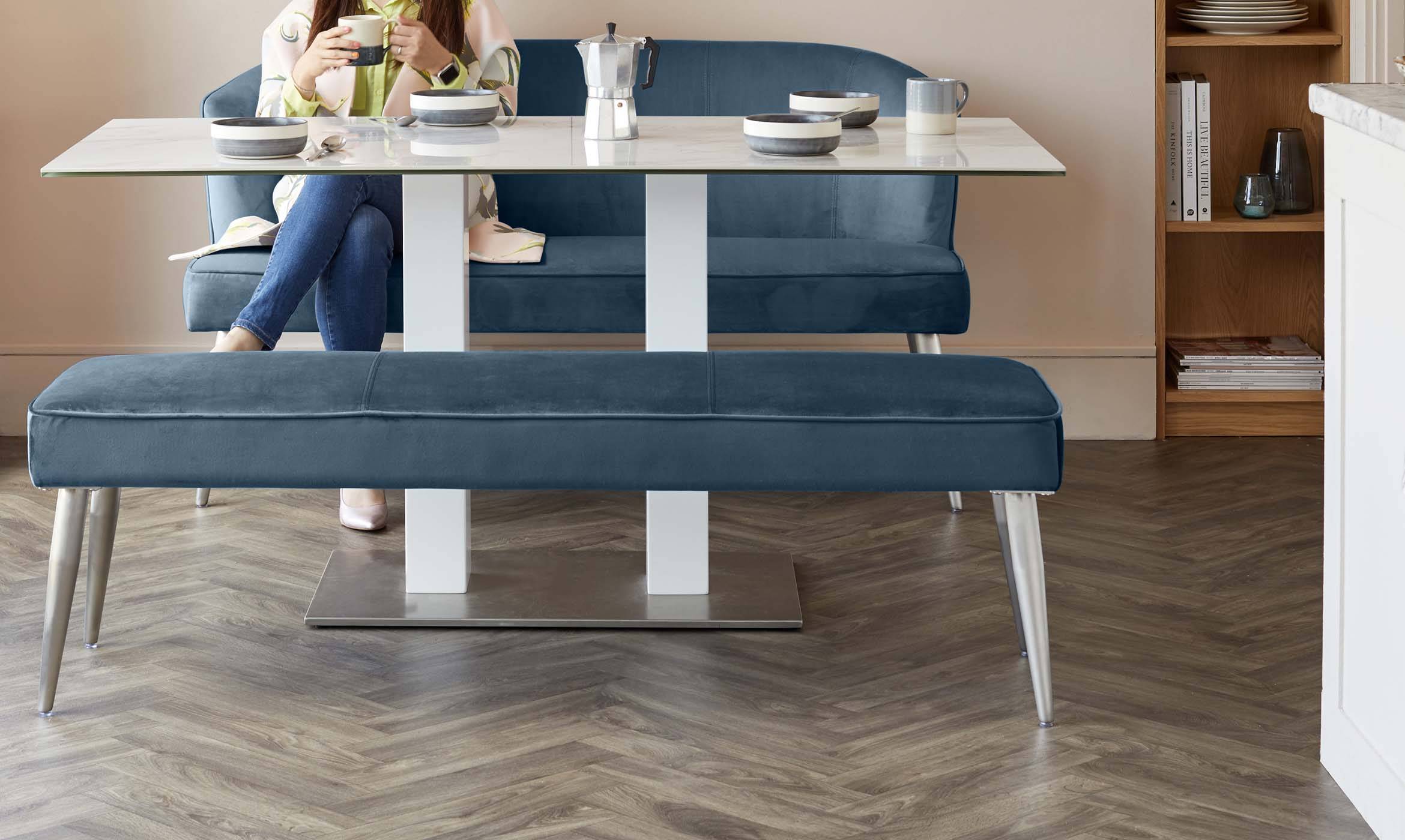 Mellow Dark Blue Velvet 3 Seater Bench Without Backrest | Danetti