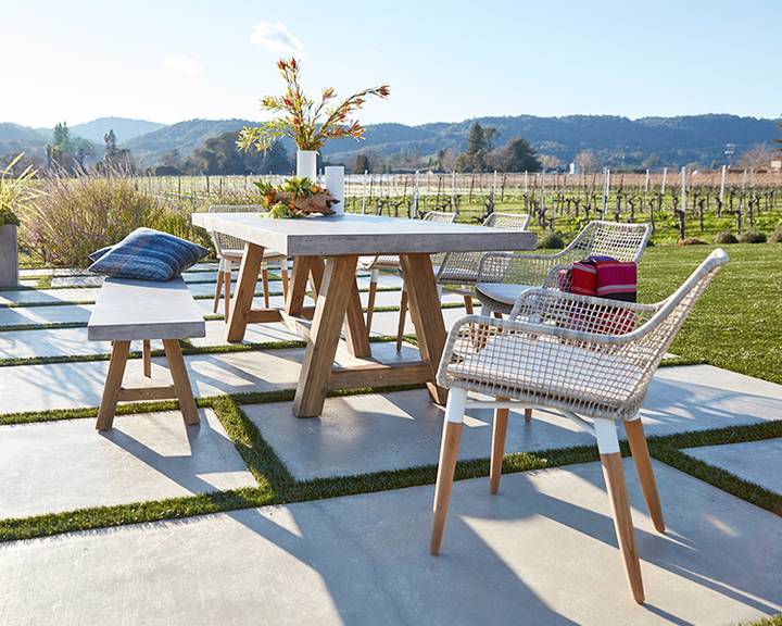 Outdoor table with chairs and bench store
