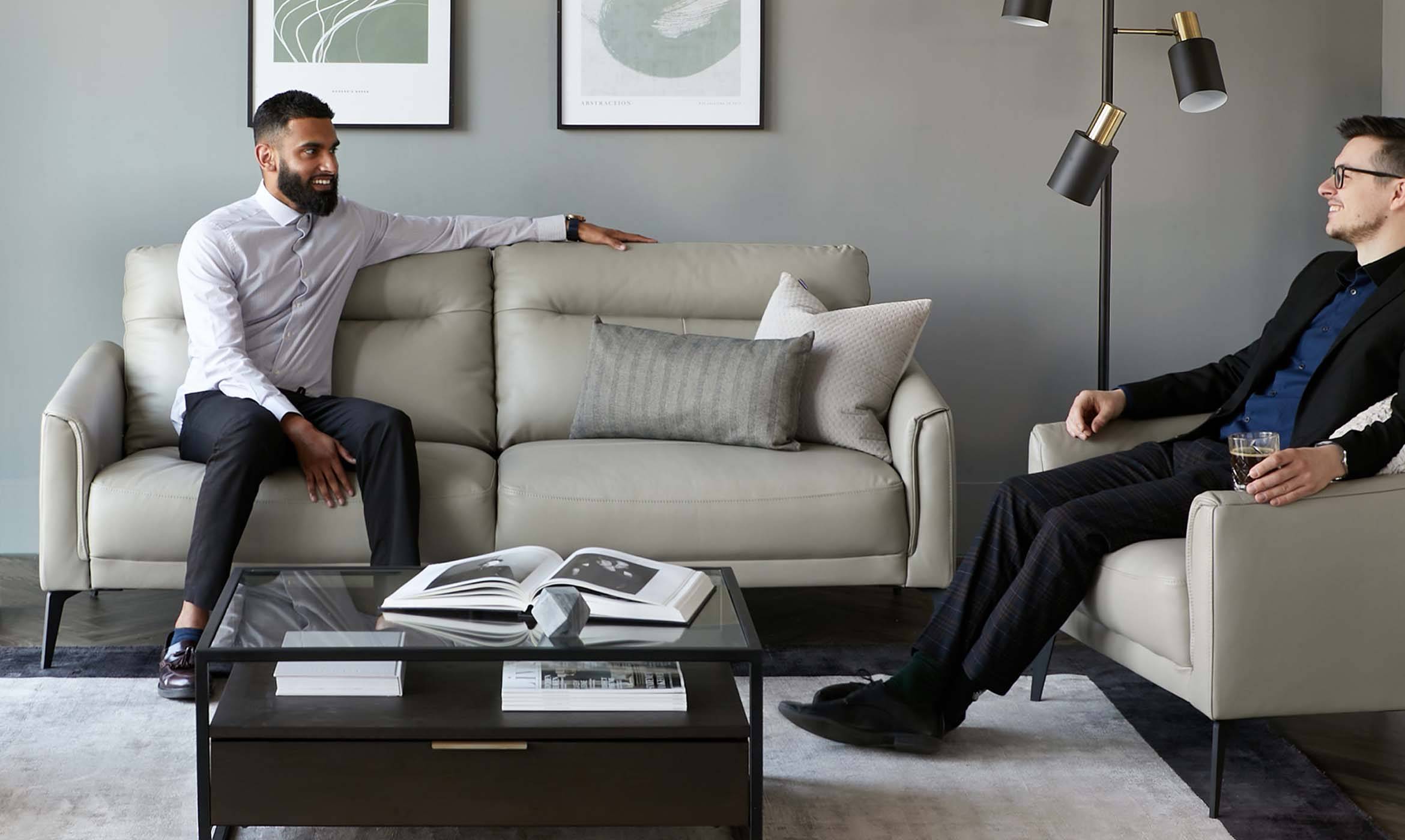 Brooks Light Grey Leather 3 Seater Sofa | Danetti