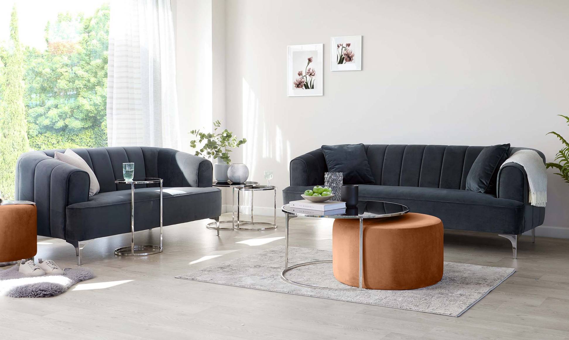 Thea Round Stainless Steel Coffee Table and Rust Pouffe Set | Danetti